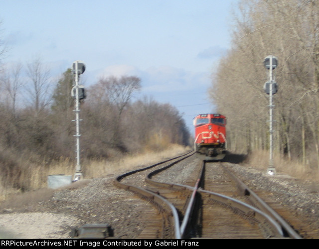 CN 2719 of the front of the cab running before clearing a GREEN Signal!